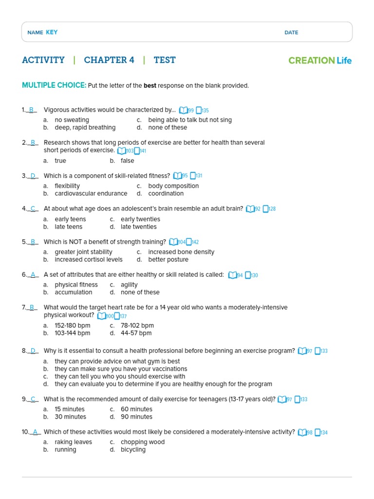 c4 Chapter 4 Test Key | PDF | Heart Rate | Skeletal Muscle