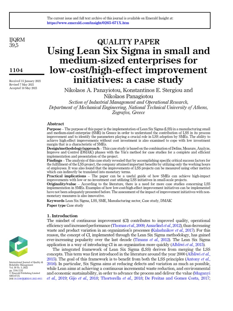 Lean Six Sigma in SMEs: A Case Study | PDF | Six Sigma | Small And ...