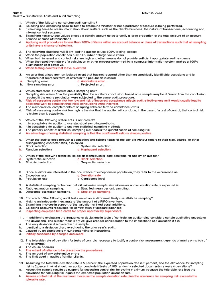 Quiz 2 Finals Acctng 411n Sampling And Substantive Tests Pdf Audit Sampling Statistics