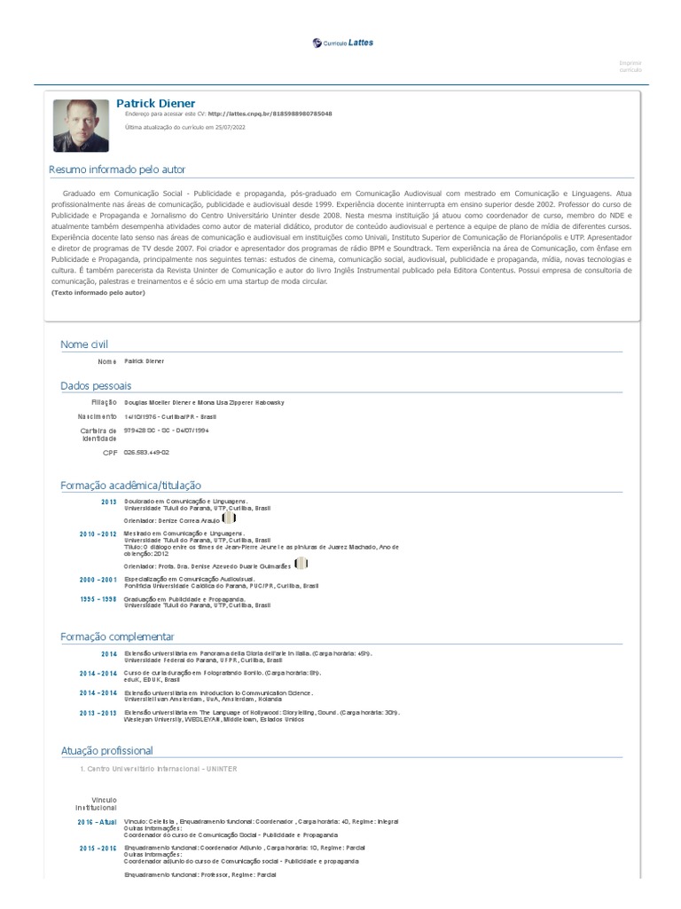 Lattes Patrick Diener | PDF | Mídia de massa | Pós-graduação