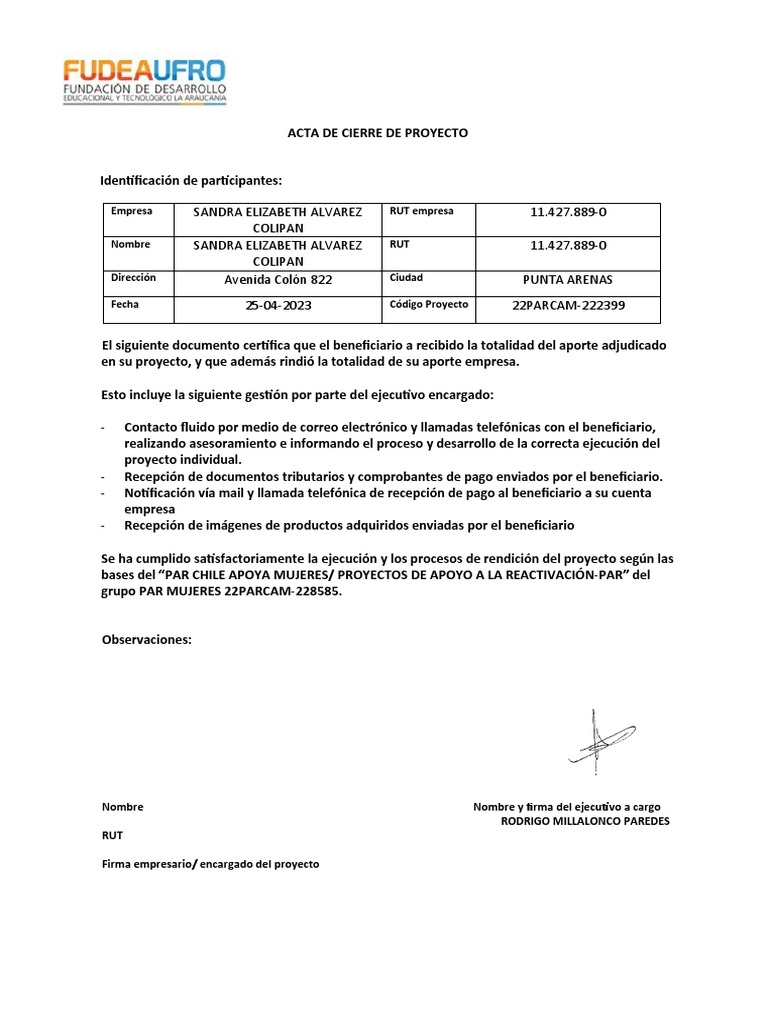 Acta de Cierre Sandra Alvarez Colipan | PDF | Finanzas y dinero