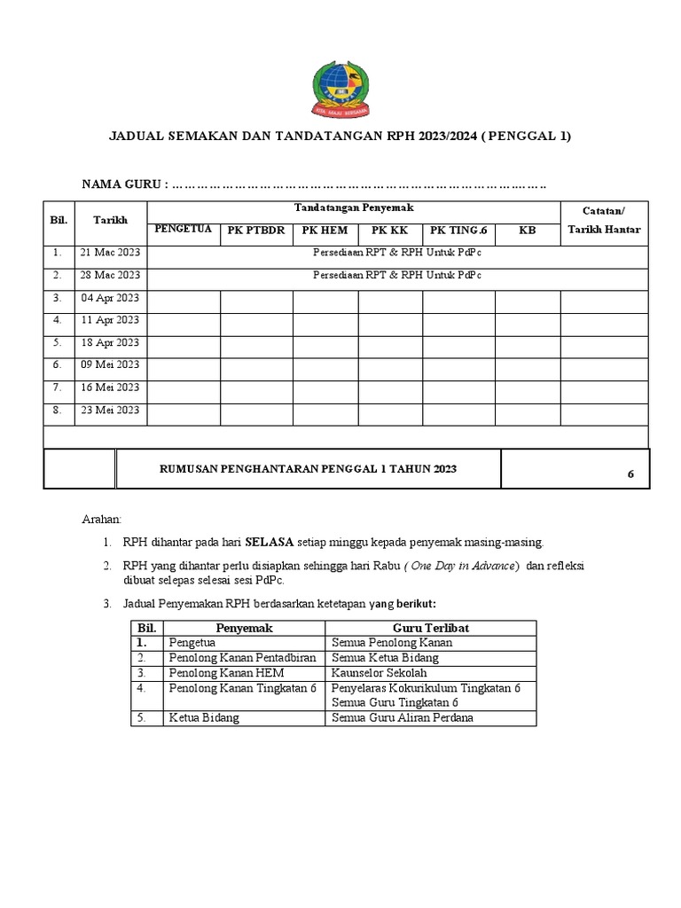 Jadual Semakan Dan Tandatangan RPH Tahun 2023 | PDF