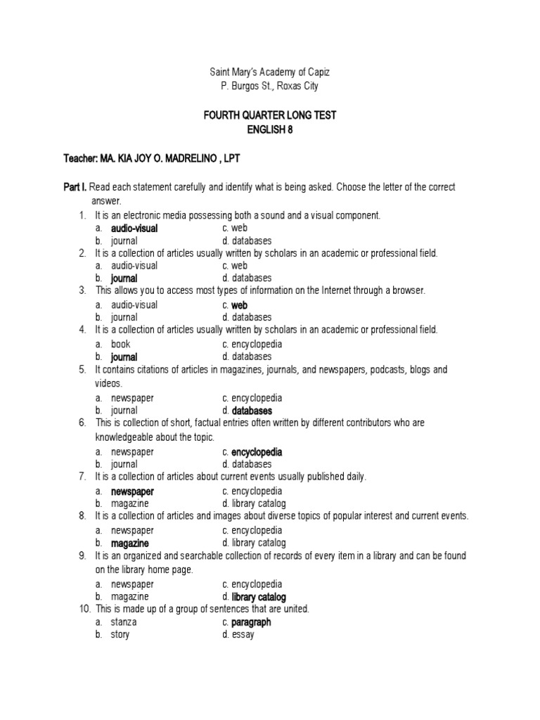 English 8 Long Test Fourth Quarter | PDF
