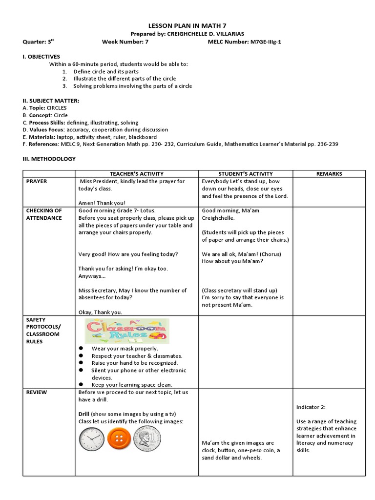 Math 7 Lesson Plan: Understanding Circles | PDF | Circle | Angle