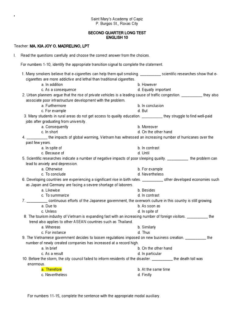 English 10 Exam for Students | PDF | Adjective | Adverb