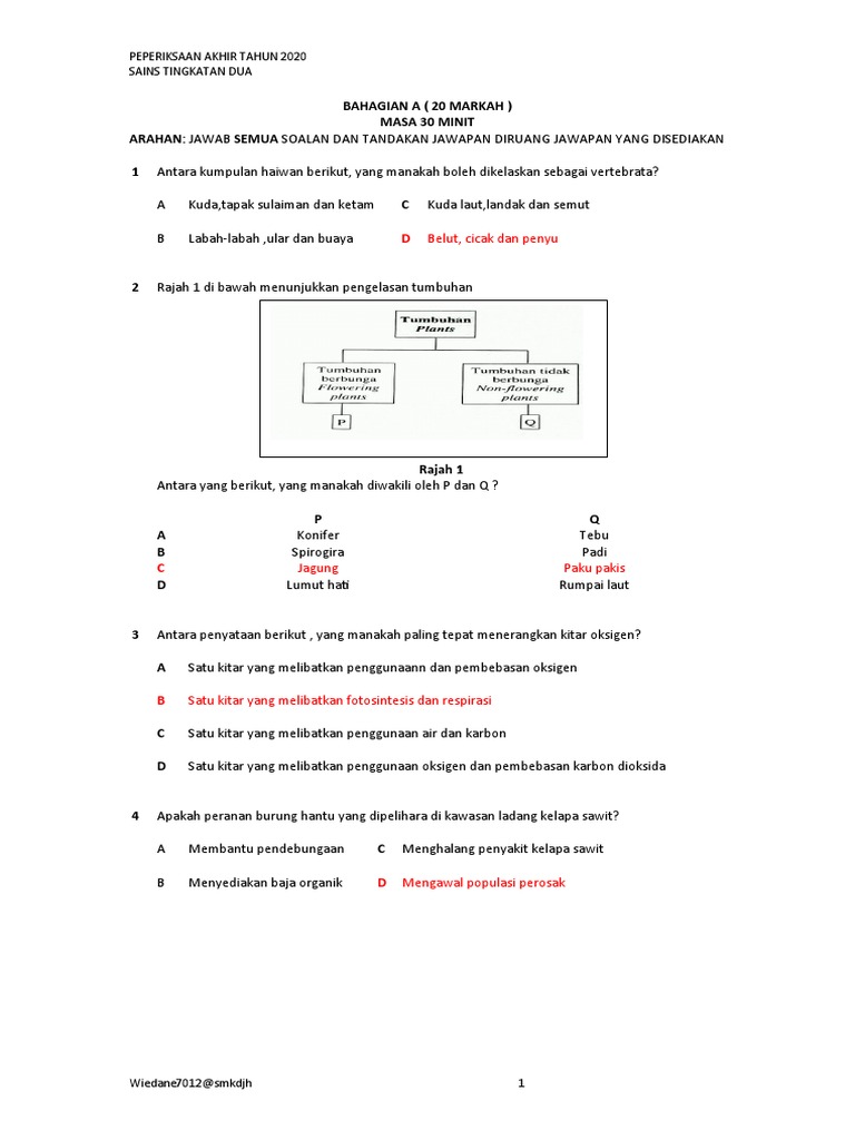 Soalan Akhir Tahun Sains Ting 2 2020 Skema | PDF