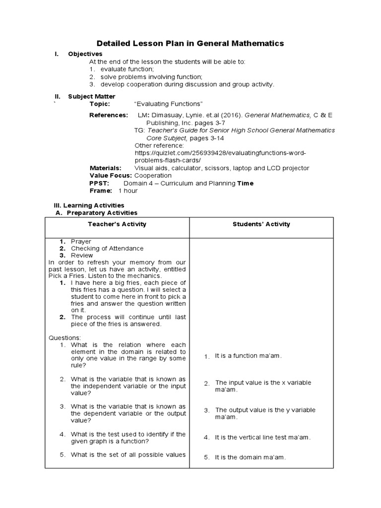 SHSGenMath EvaluatingFunctions | PDF | Function (Mathematics) | Cognition