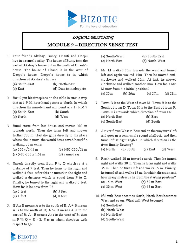 Direction Sense Test Questions | PDF | Metrology