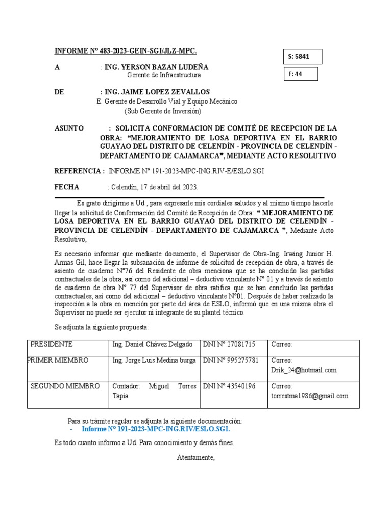 INFORME recepción de obra | PDF