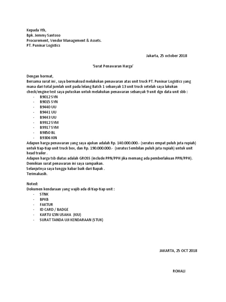 Surat Penawaran Harga Unit Truck | PDF