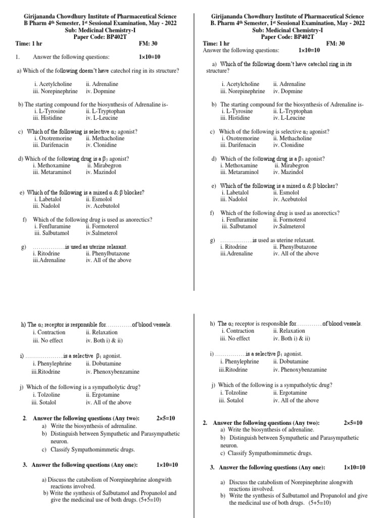 BP402T - Med - Chem-I, 1st Sessional Que - Paper | Download Free PDF | Neurophysiology | Drugs