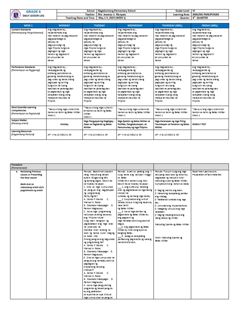 DLL AP 6 WEEK 1 - Q4 by Teacher KJ VAL | PDF