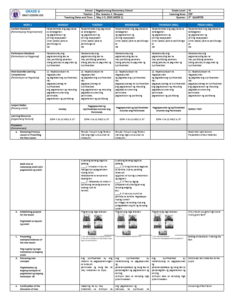 DLL ESP 6 WEEK 1_Q4 by Teacher KJ VAL | PDF