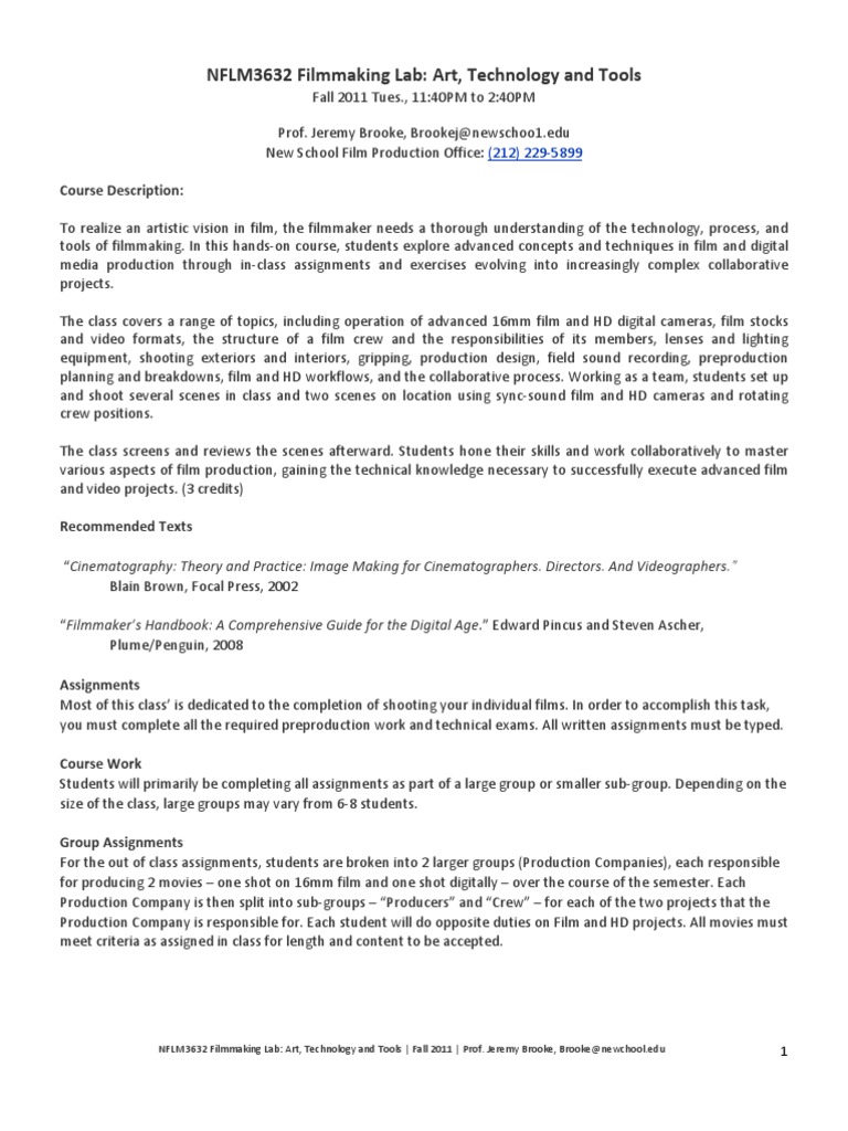 Filmmaking Lab Syllabus Fall 2011 | PDF | Filmmaking | Cinematography