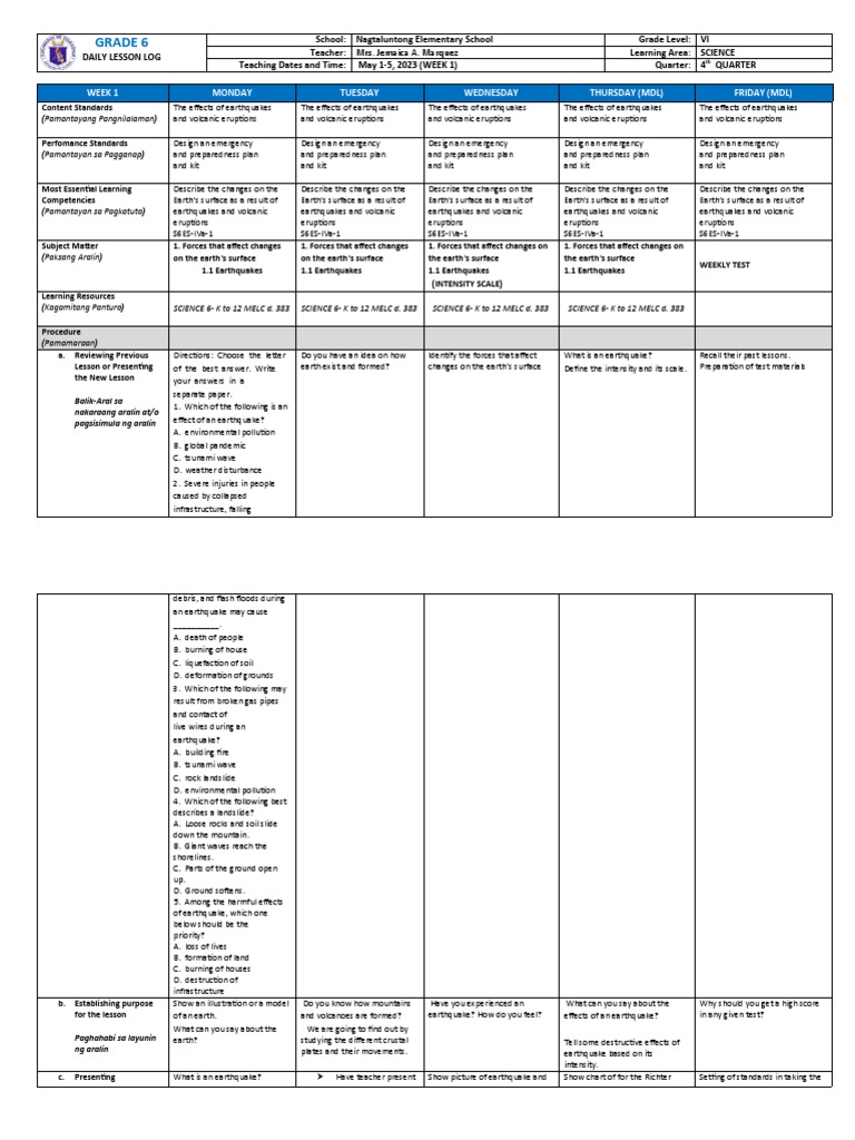 DLL Science 6 Week 1 - q4 by Teacher KJ Val | PDF