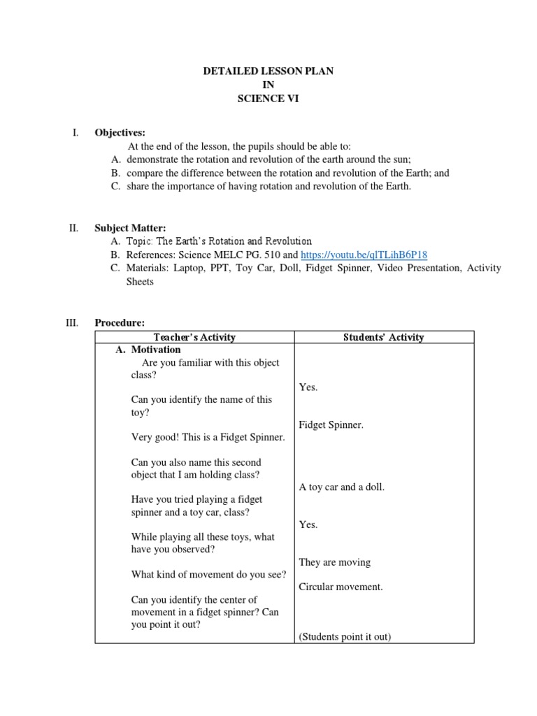 Detailed Lesson Plan Science | Download Free PDF | Rotation | Planets