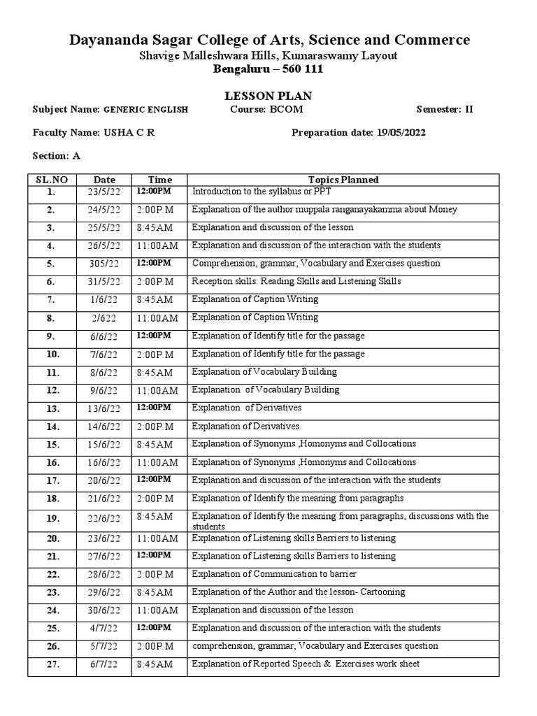 USHA EVEN SEM Lesson Plan GEN ENG With Dates 2022 | PDF | Question ... USHA EVEN SEM Lesson Plan GEN ENG With Dates 2022 | PDF | Question ...