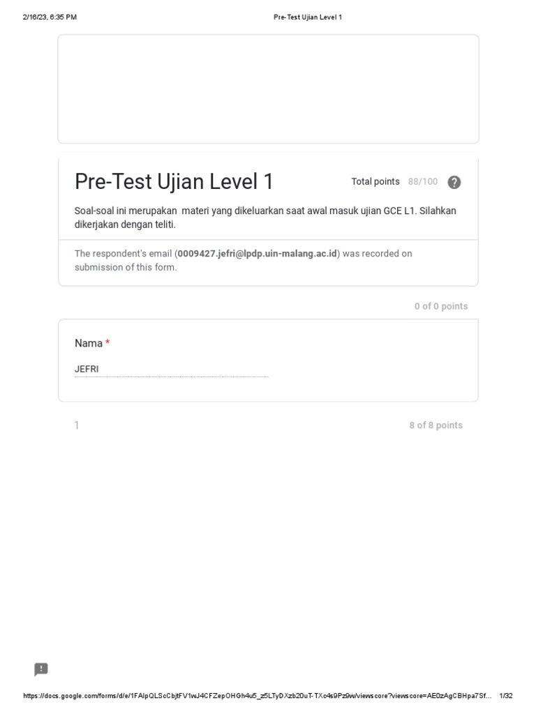 Pre-Test Ujian Level 1 | PDF