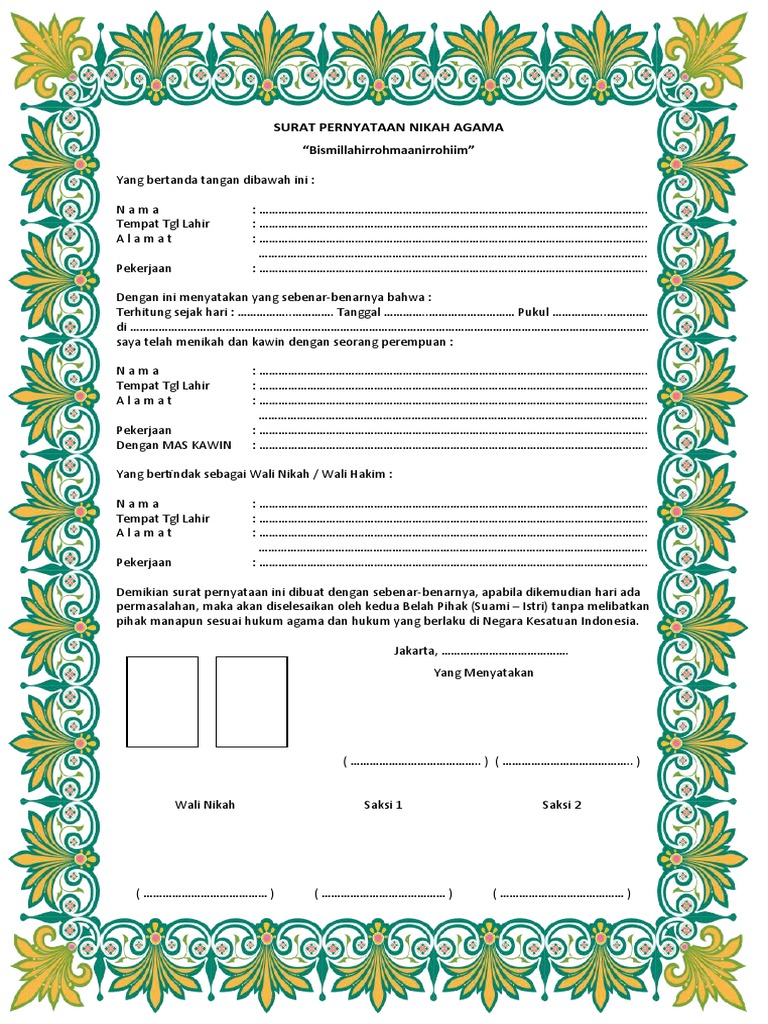 SURAT PERNYATAAN NIKAH AGAMA | PDF