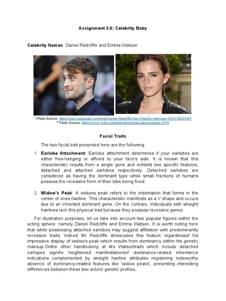 Genetic Traits of Emma Watson & Radcliffe | PDF | Dominance (Genetics) | In Vitro Fertilisation