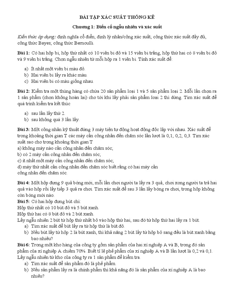 Bài tập XSTK - Chương 1 - Hà | PDF