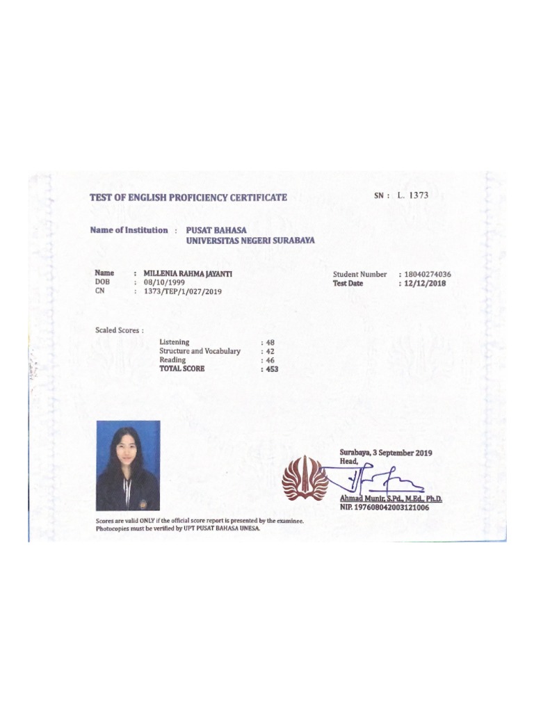 Test of English Proficiency Certificate Millenia Rahma Jayanti | PDF