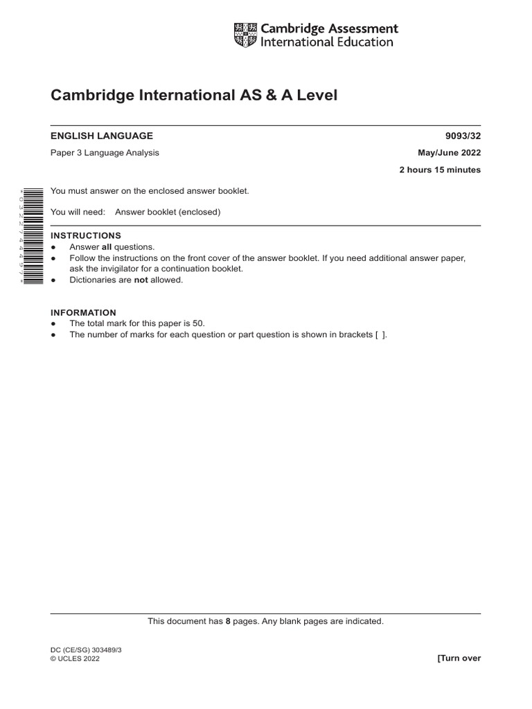 Cambridge International AS & A Level: English Language 9093/32 | PDF
