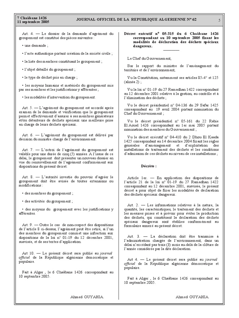 Decret Executif 05-315 10 Sep 2005 Declaration Dechets Speciaux ...