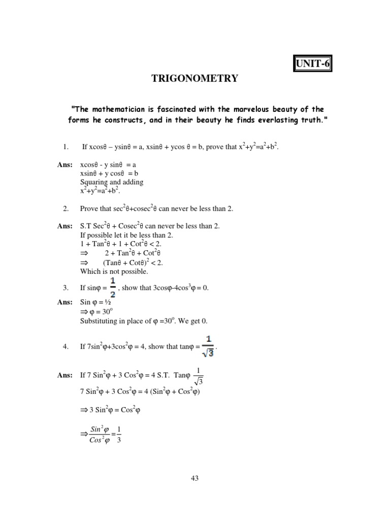 10 Mathematics Trigonometry Impq 1 | PDF