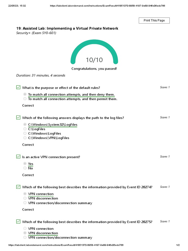 19: Assisted Lab: Implementing A Virtual Private Network: Security+ (Exam SY0-601) | PDF