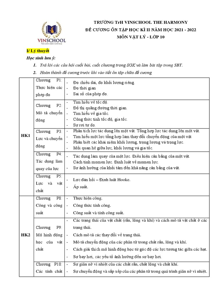 Vật Lý 10 - Đề Cương - Cuối HKII | PDF