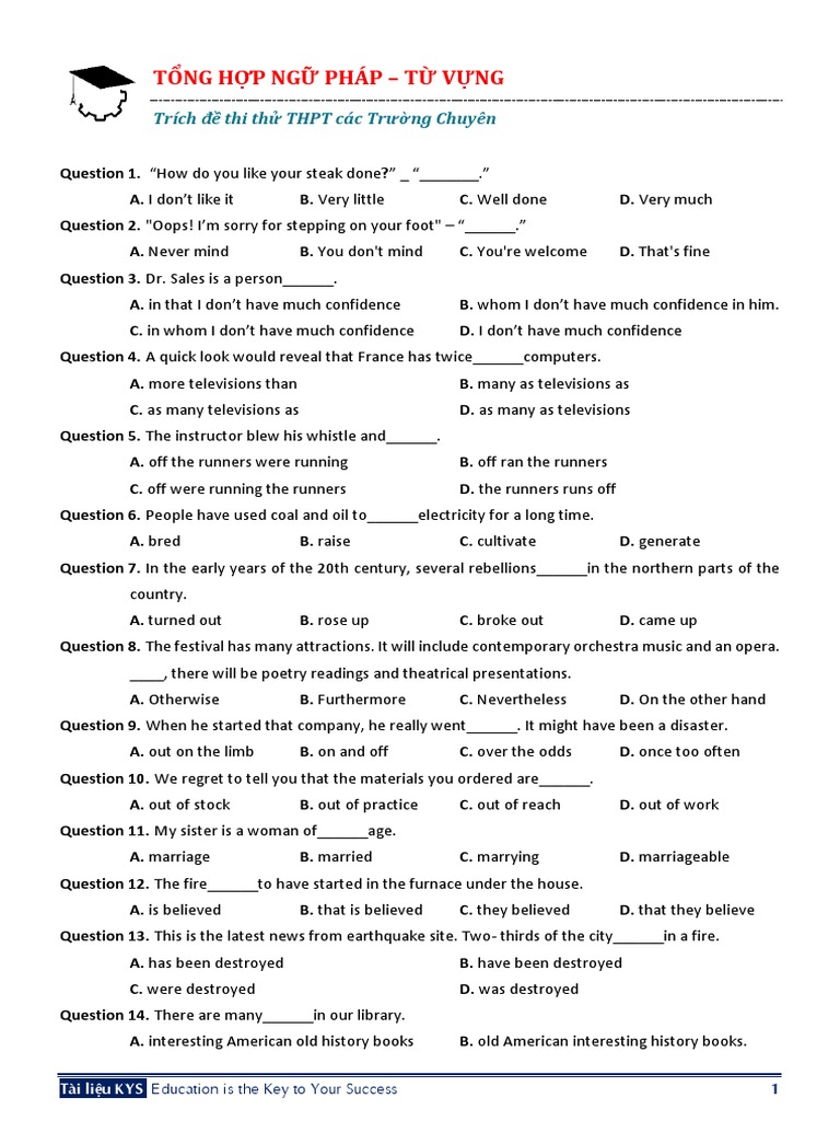 100 Câu NG Pháp - T V NG Trích Trư NG Chuyên | PDF | Vietnam