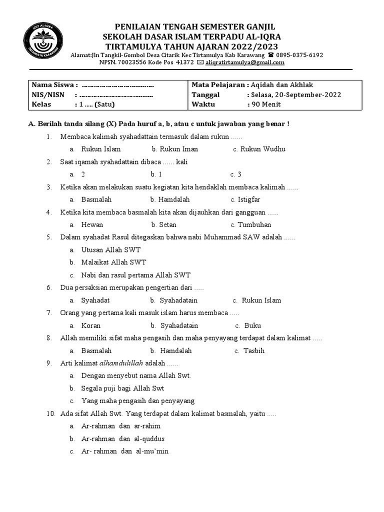 Soal Aqidah Kelas 1 PTS GANJIL | PDF | Agama & Spiritualitas