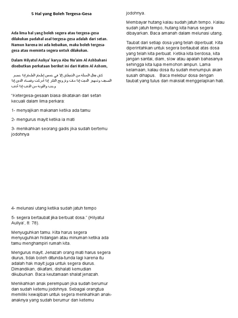 5 Hal yang Boleh Tergesa-Gesa | PDF