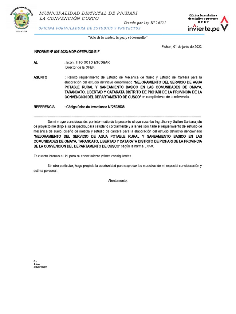 INF. 007 E INF. TEC. 007 Requerimiento de Estudio Mecanica de Suelo | PDF | Tratamiento de aguas ...