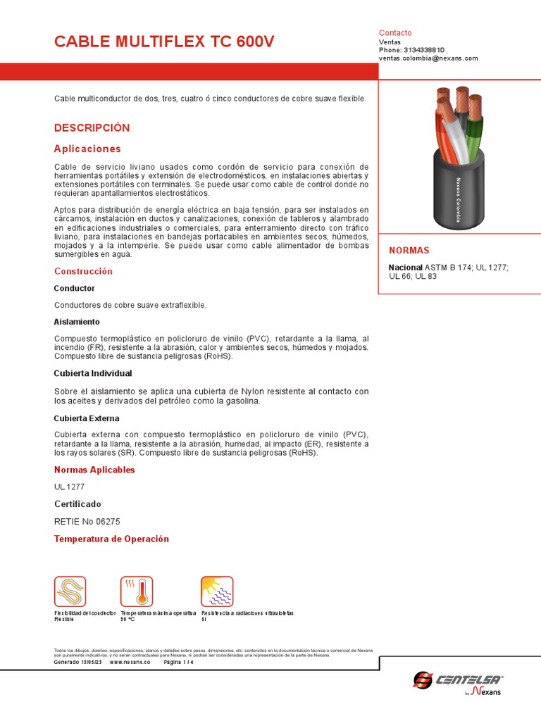 Nexans - CABLE MULTIFLEX TC 600V | PDF | Conductor electrico | Cobre