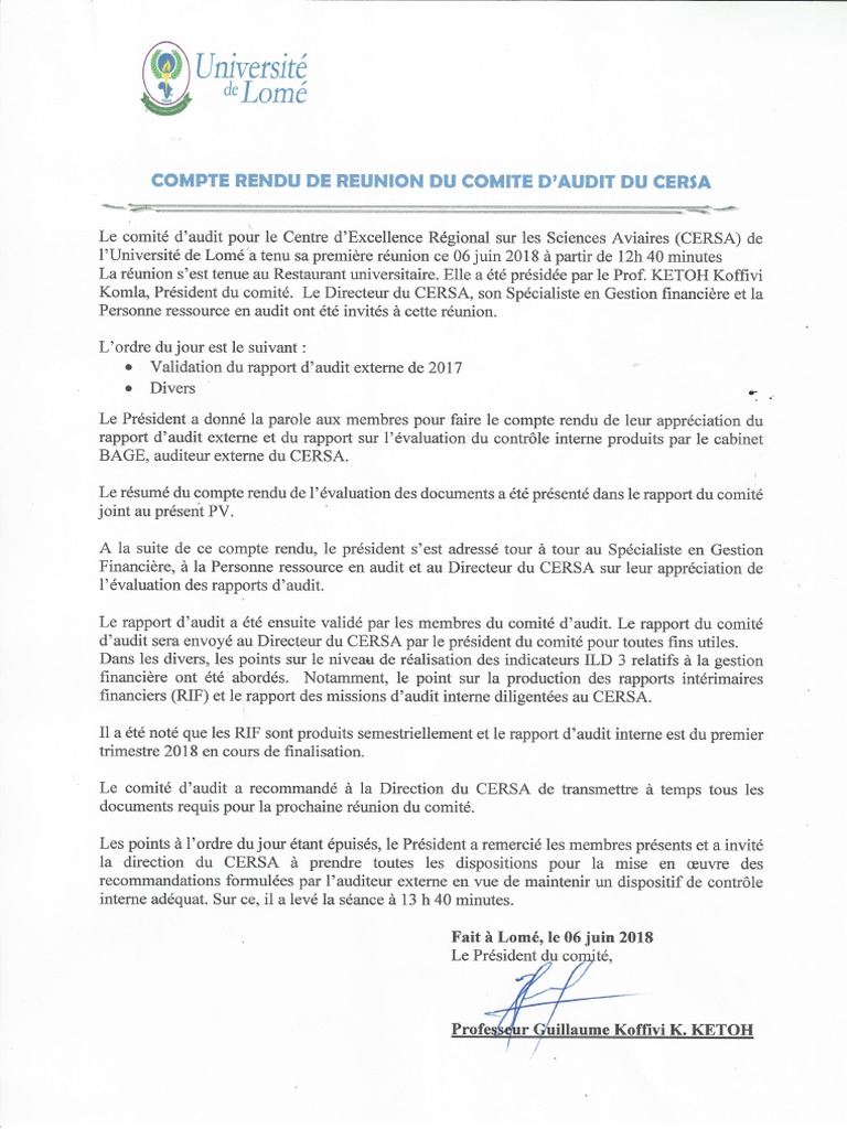 Exemple D'un Compte Rendu Comité D'audit | PDF