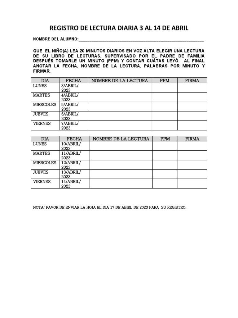 Registro de Lectura Diaria Infantil | PDF