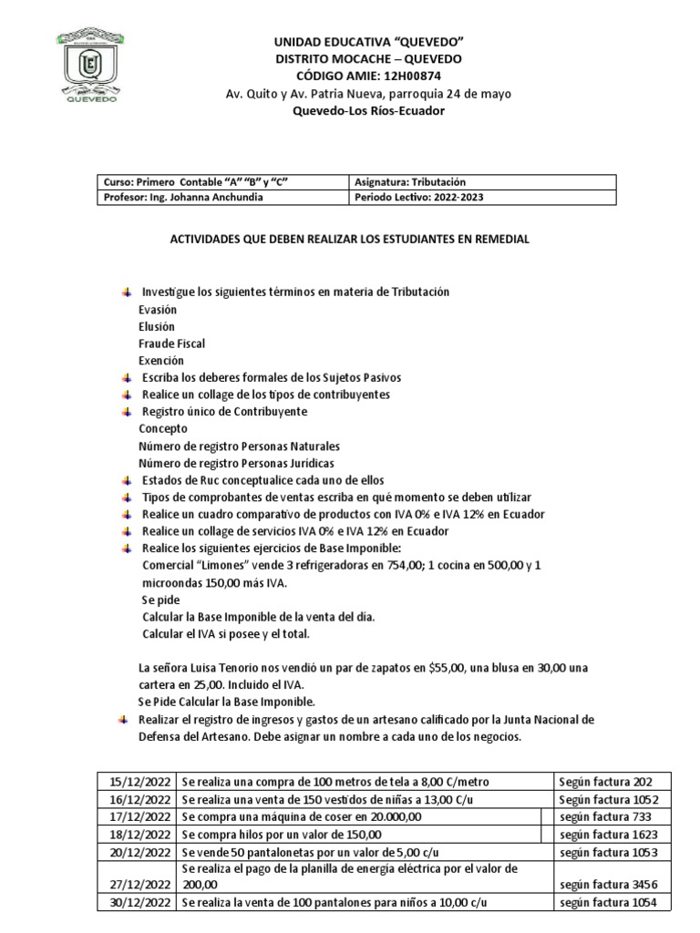 Actividades Remedial 1ro | PDF | Pagos | Finanzas del gobierno Actividades Remedial 1ro | PDF | Pagos | Finanzas del gobierno