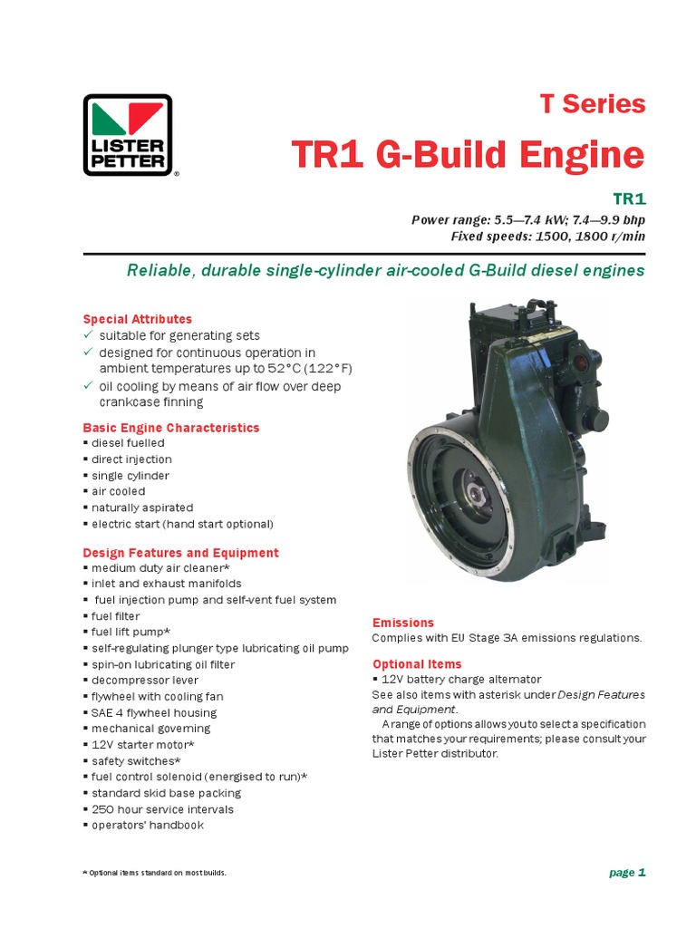 Lister Petter TR1 Diesel Engine Specs | PDF | Diesel Engine | Horsepower