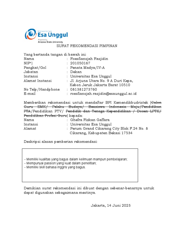 SURAT REKOMENDASI PIMPINAN - Ghefra | PDF