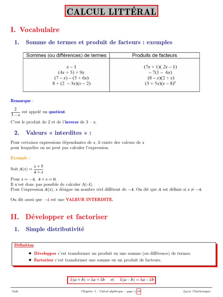 Cours sur le calcul littéral 2nde | PDF | Multiplication | Concepts ...