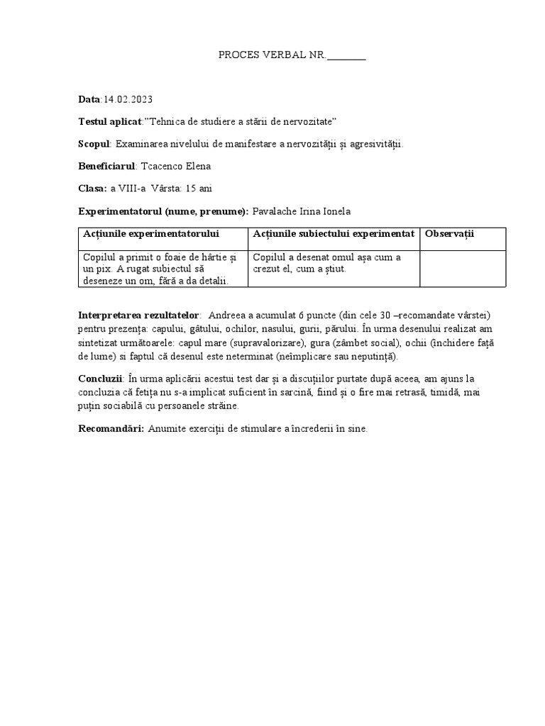 Model PROCES VERBAL Evaluarea Psihologica | PDF