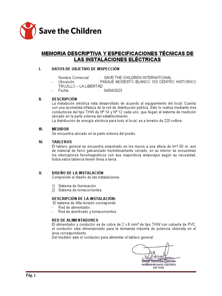 MEMORIA DESCRIPTIVA Y ESPECIFICACIONES TÉCNICAS DE LAS INSTALACIONES ELÉCTRICAS 2022 SAVE THE ...