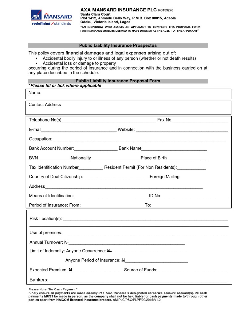 AXA Public Liability Insurance Proposal | PDF | Insurance | Liability ...