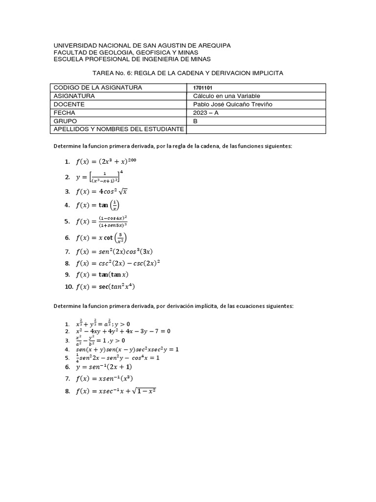 TAREA No. 6 REGLA DE LA CADENA Y DERIVACION IMPLICITA | PDF | Métodos y materiales de enseñanza