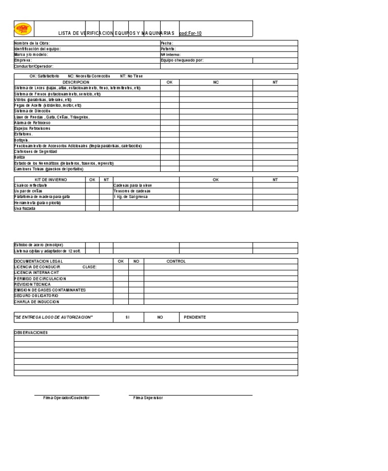 Check List Equipos y Maquinarias | PDF