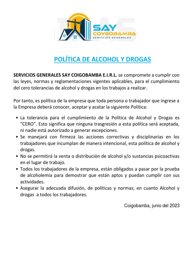Política De Alcohol Y Drogas Pdf