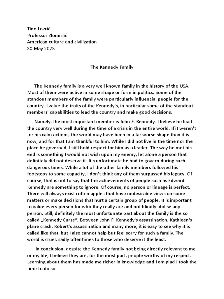 Opinion Essay On The Kennedy Family | PDF | Politics | Social Science