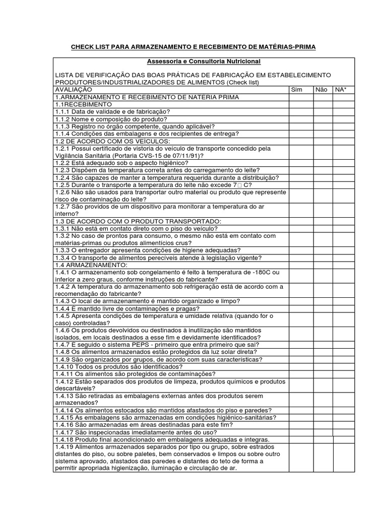 Check List Armazenamento de Matérias Primas | PDF | Embalagem e ...